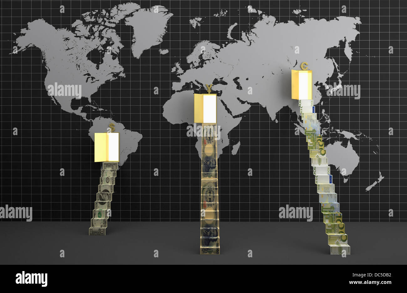 illustration of golden doors on world map with money stairs Stock Photo ...