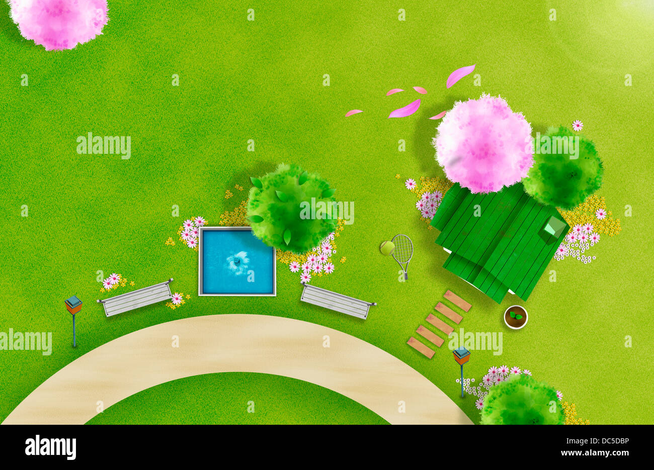 illustration of top down view featuring green land and a house Stock ...