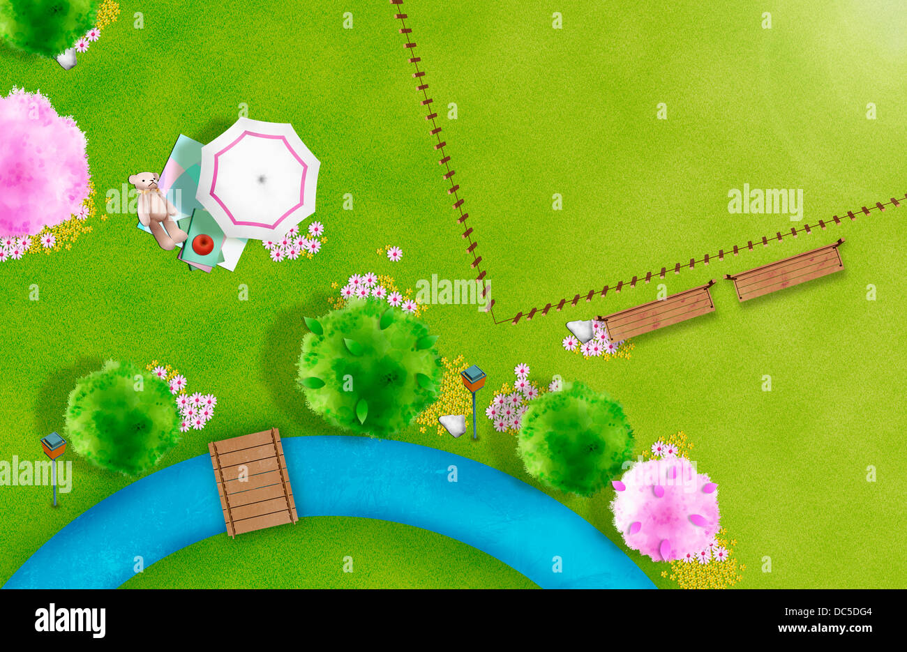 illustration of top down view featuring green land and a river Stock ...
