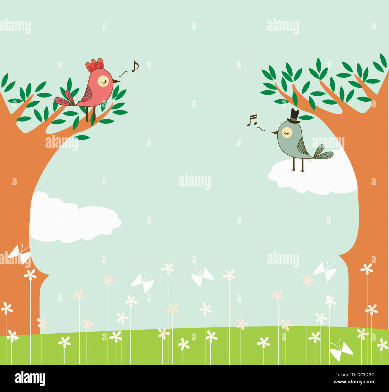 illustration of a couple bird sitting on different tree Stock Photo - Alamy