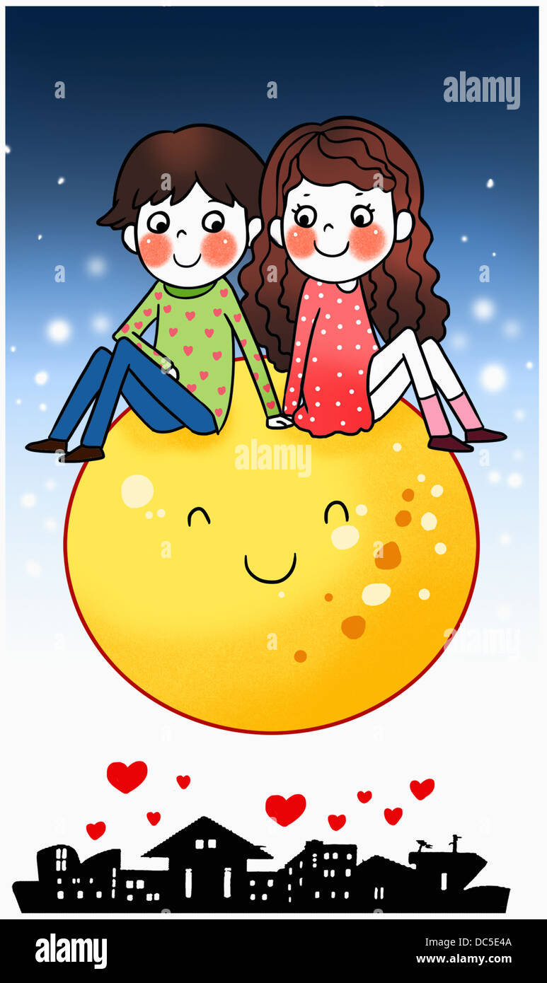 Illustration couple sitting on moon hi-res stock photography and images ...