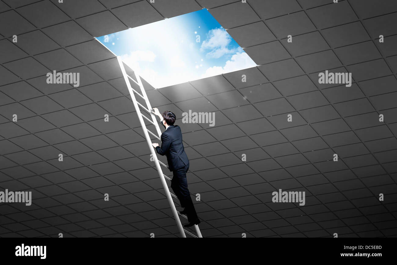 illustration of a man climbing up to a ceiling with hole Stock Photo ...