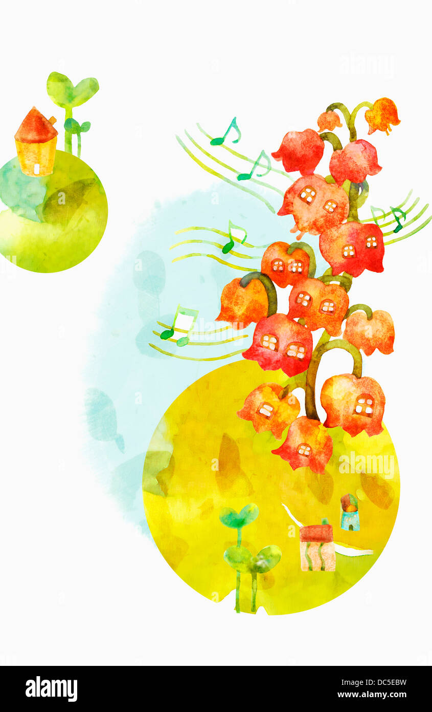 illustration of landscape representing spring Stock Photo - Alamy