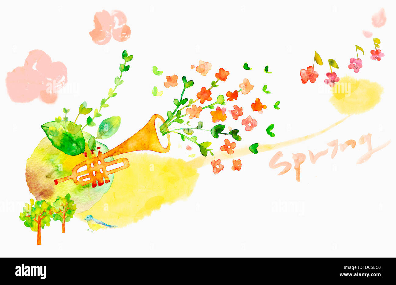 illustration of landscape representing spring Stock Photo - Alamy