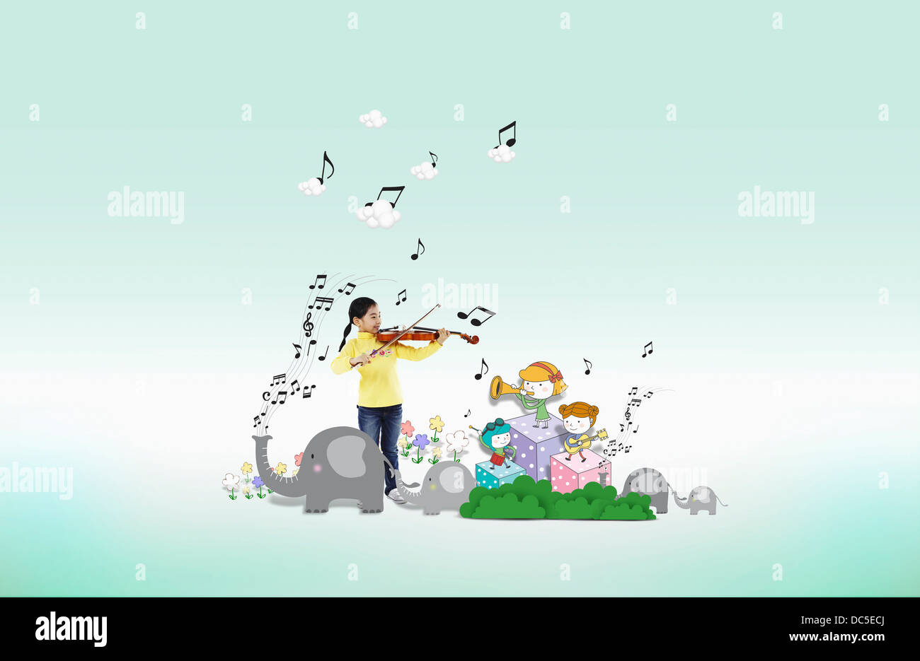 a kid playing violin with animals Stock Photo - Alamy