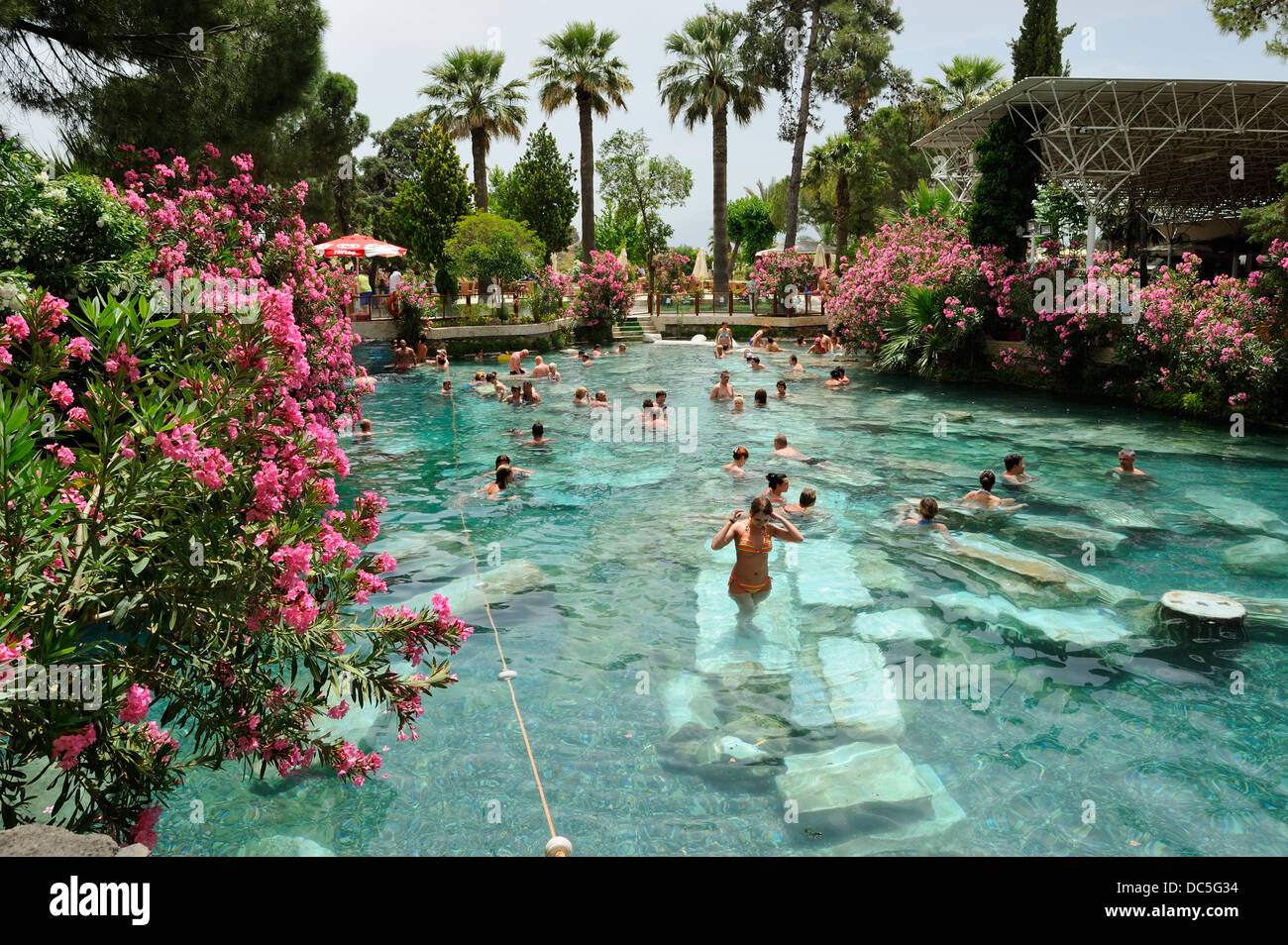 Bathers in hot springs of ancient Roman ruins of Hierapolis, Aegean ...