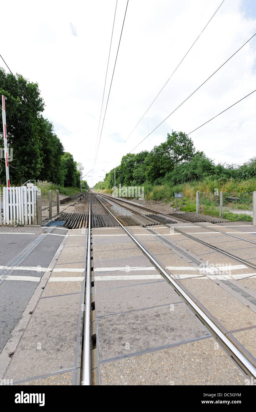 Railway track taken from a low angle showing steep perspective in the ...