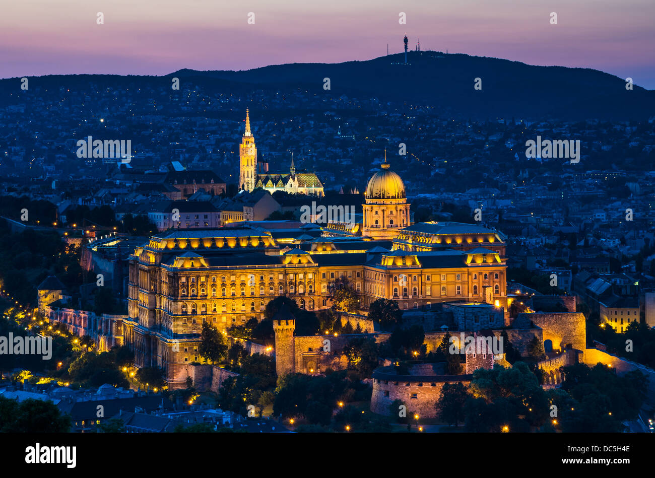 Twilight view with Buda Castle built on Castle Hill in 1265AD, famous ...