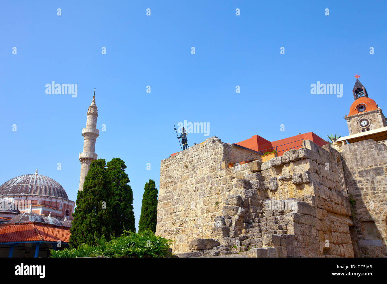 Rhodes Landmarks Suleiman Mosque and Clock Tower. Greece Stock Photo ...