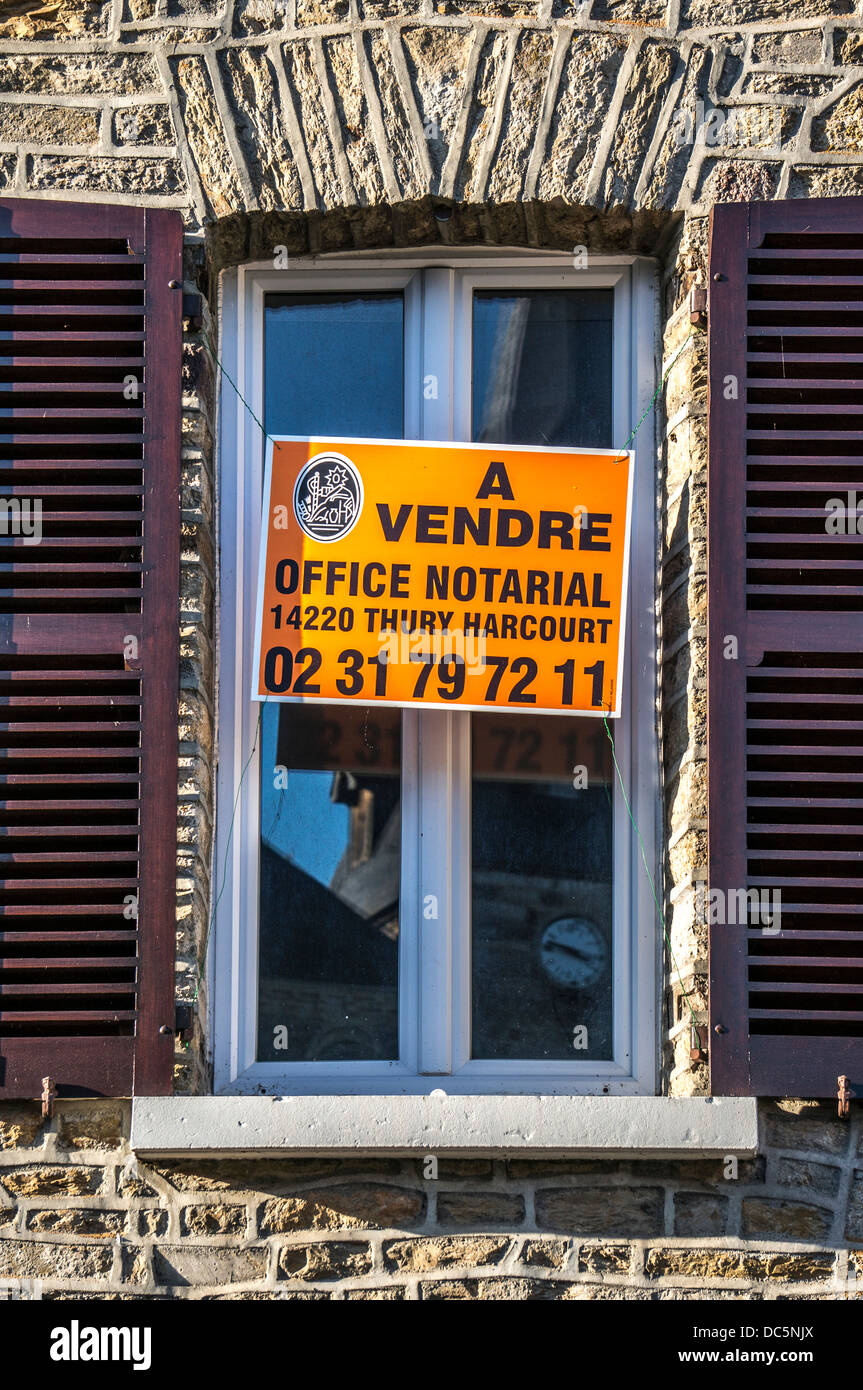 'a vendre' (for sale) sign at a property in Clécy (in the Calvados ...