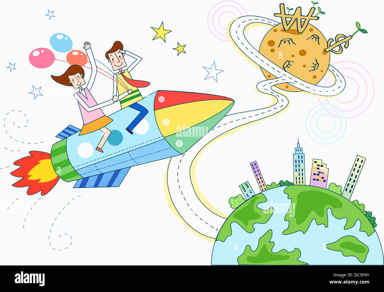 illustration of a couple riding rocket Stock Photo - Alamy
