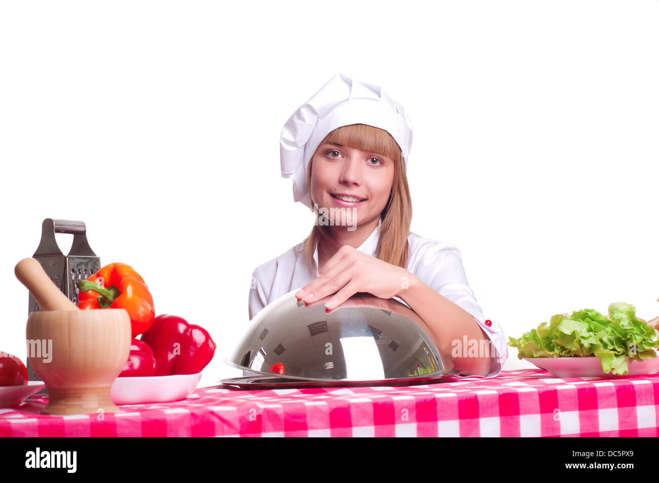 Attractive cook woman a over white background Stock Photo - Alamy