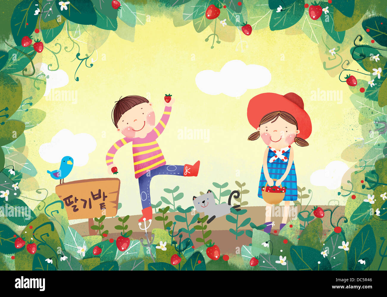 illustration of kids in the strawberry farm Stock Photo - Alamy