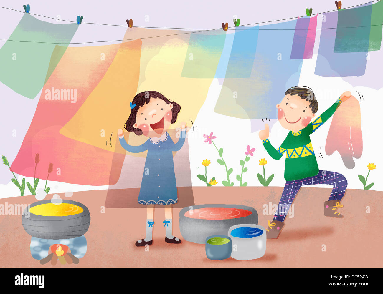 illustration of kids drying laundry Stock Photo - Alamy