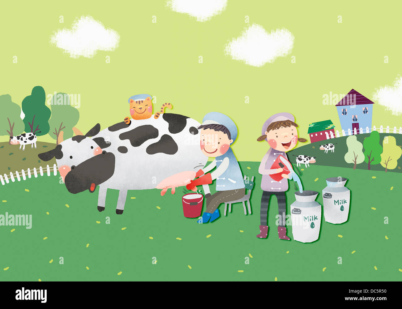 illustration of kids in the farm with cows Stock Photo - Alamy