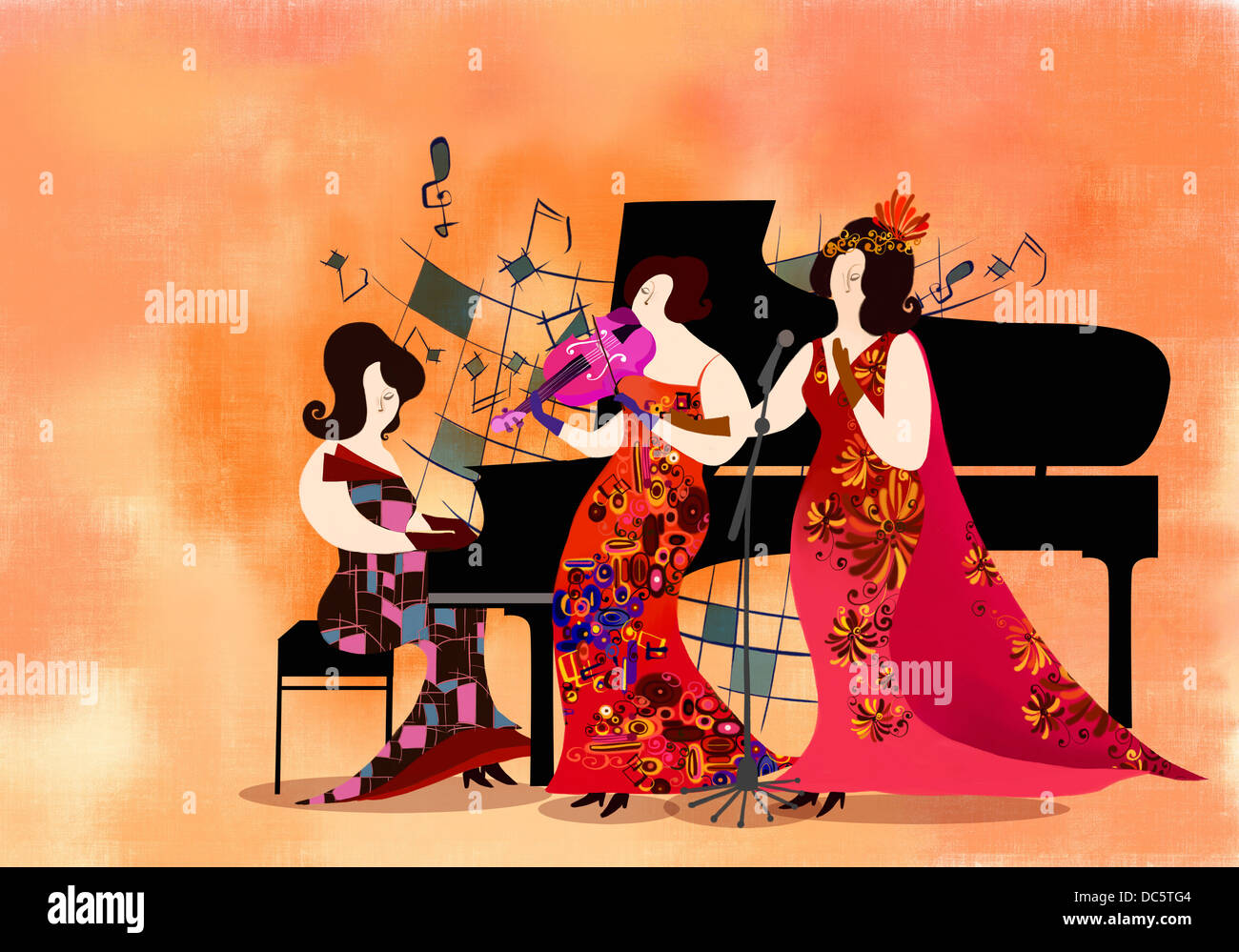 illustration of ladies playing instrument Stock Photo - Alamy