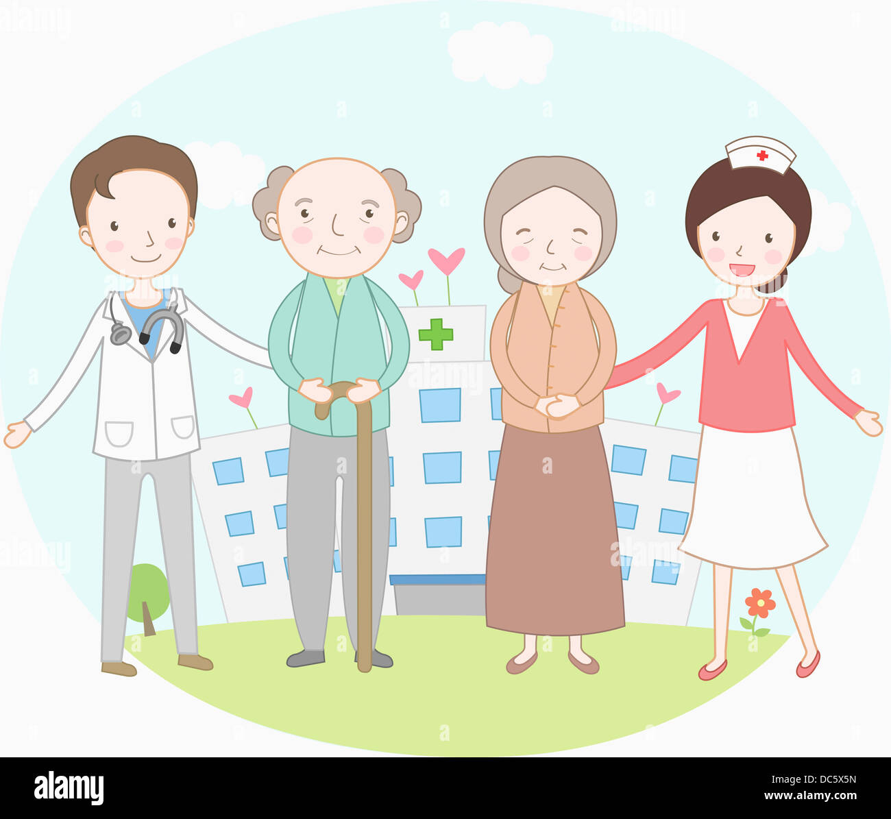 illustration of a doctor and nurse with elderly Stock Photo - Alamy