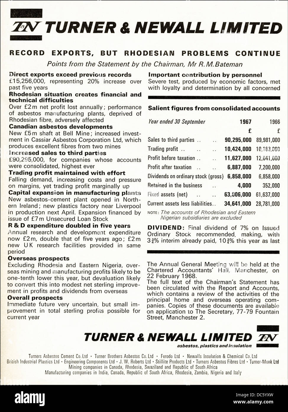 Advertisement for TURNER & NEWALL LIMITED asbestos manufacturer ...