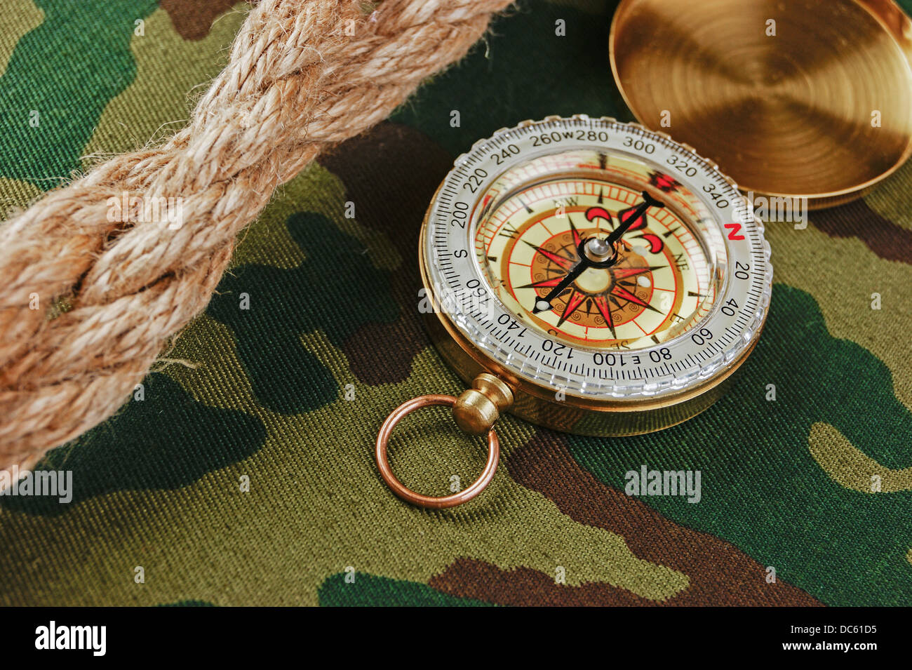 Compass and rope on a camouflage background Stock Photo - Alamy