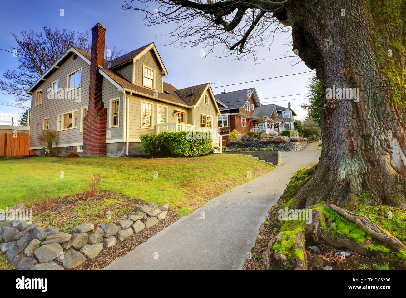 Cute craftsman style home with unique colot combination Stock Photo - Alamy