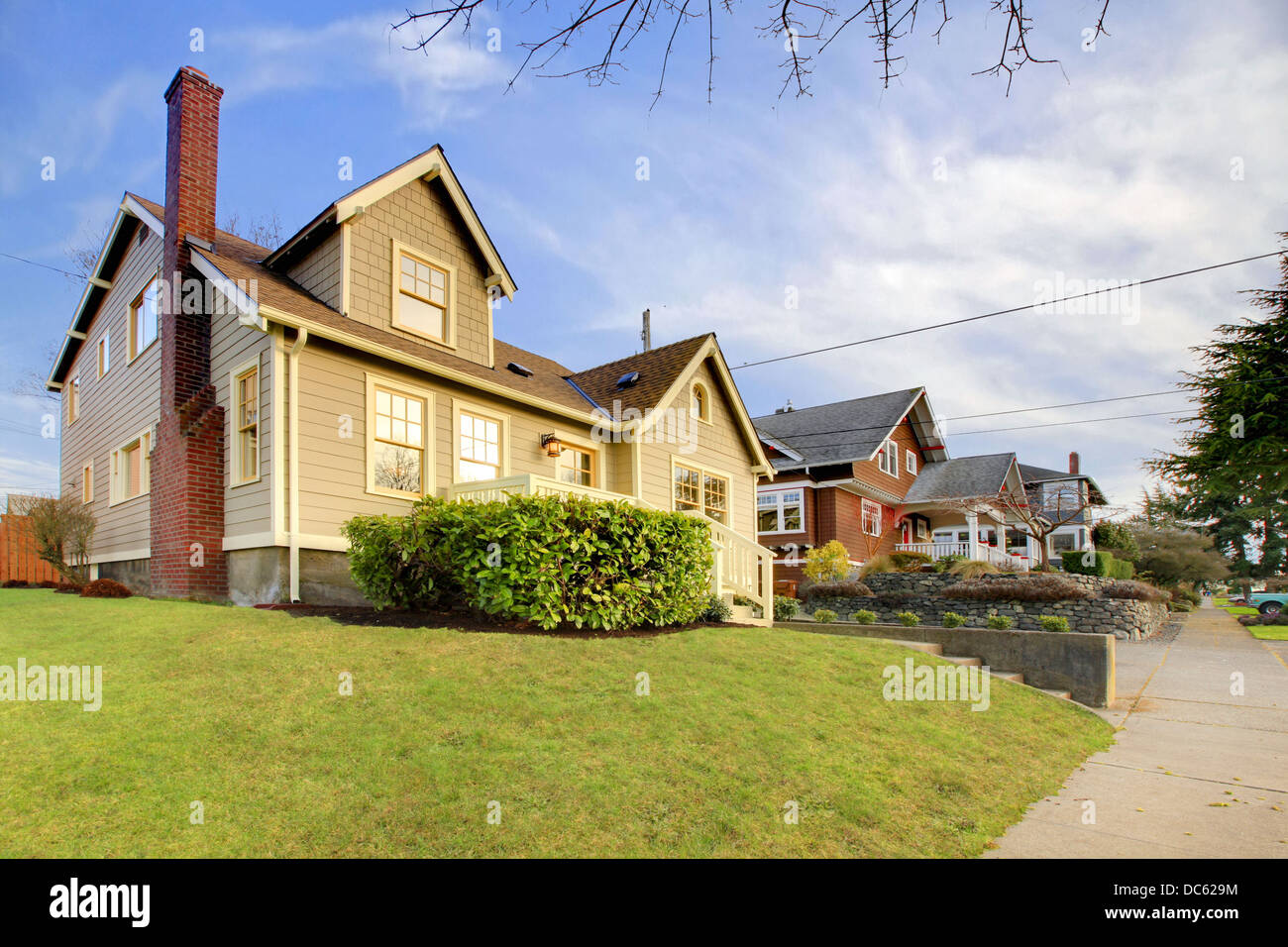 Cute craftsman style home with unique colot combination Stock Photo - Alamy