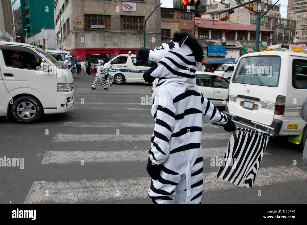 Young people dressed as zebras help control the traffic during ...
