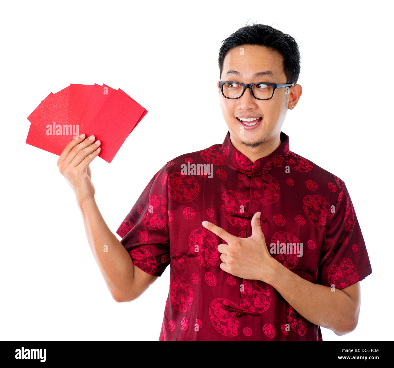 Asian man showing many red packet Stock Photo - Alamy