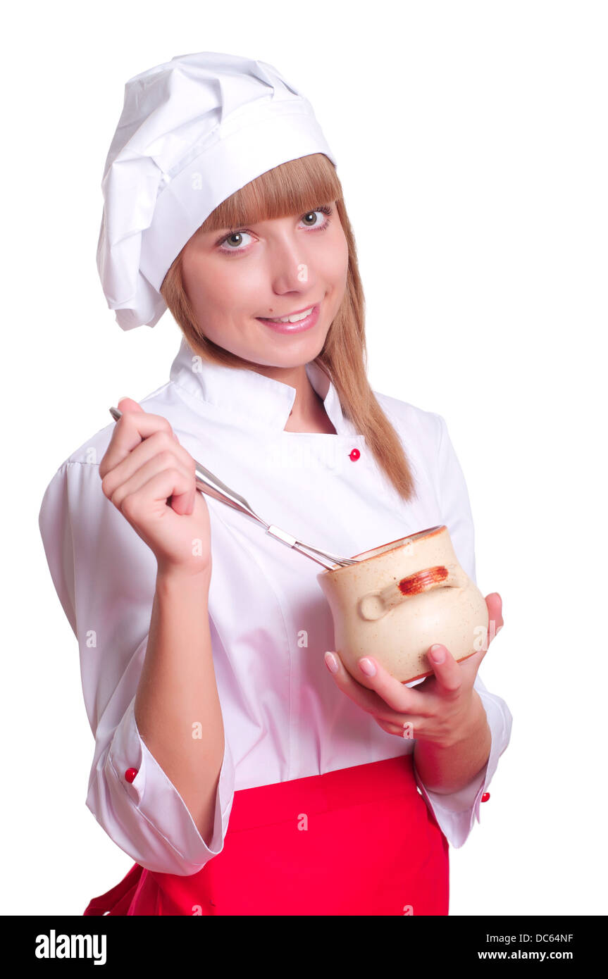Attractive cook woman a over white background Stock Photo - Alamy