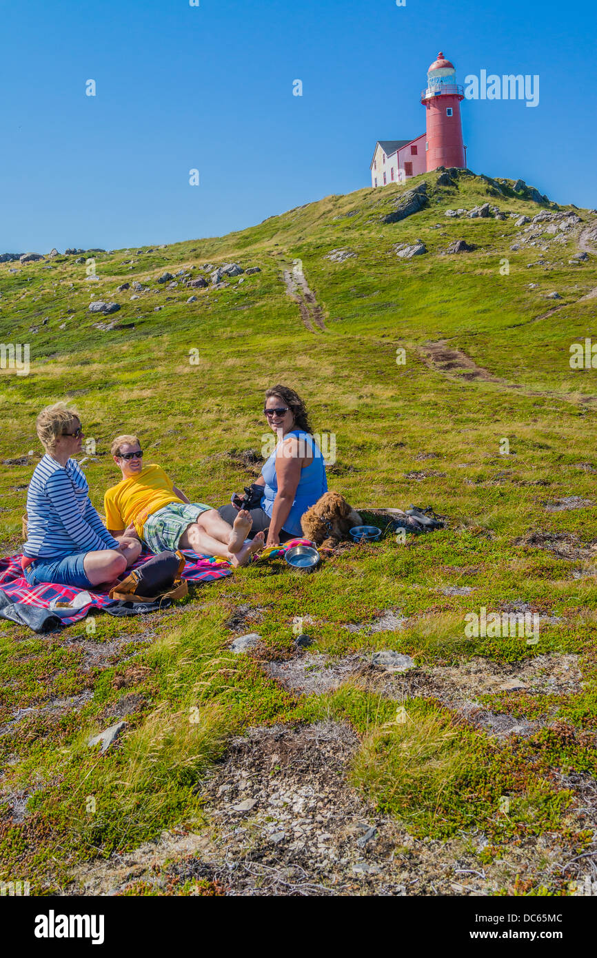 Canadians, two women and one man in their twenties, picnic outside on ...