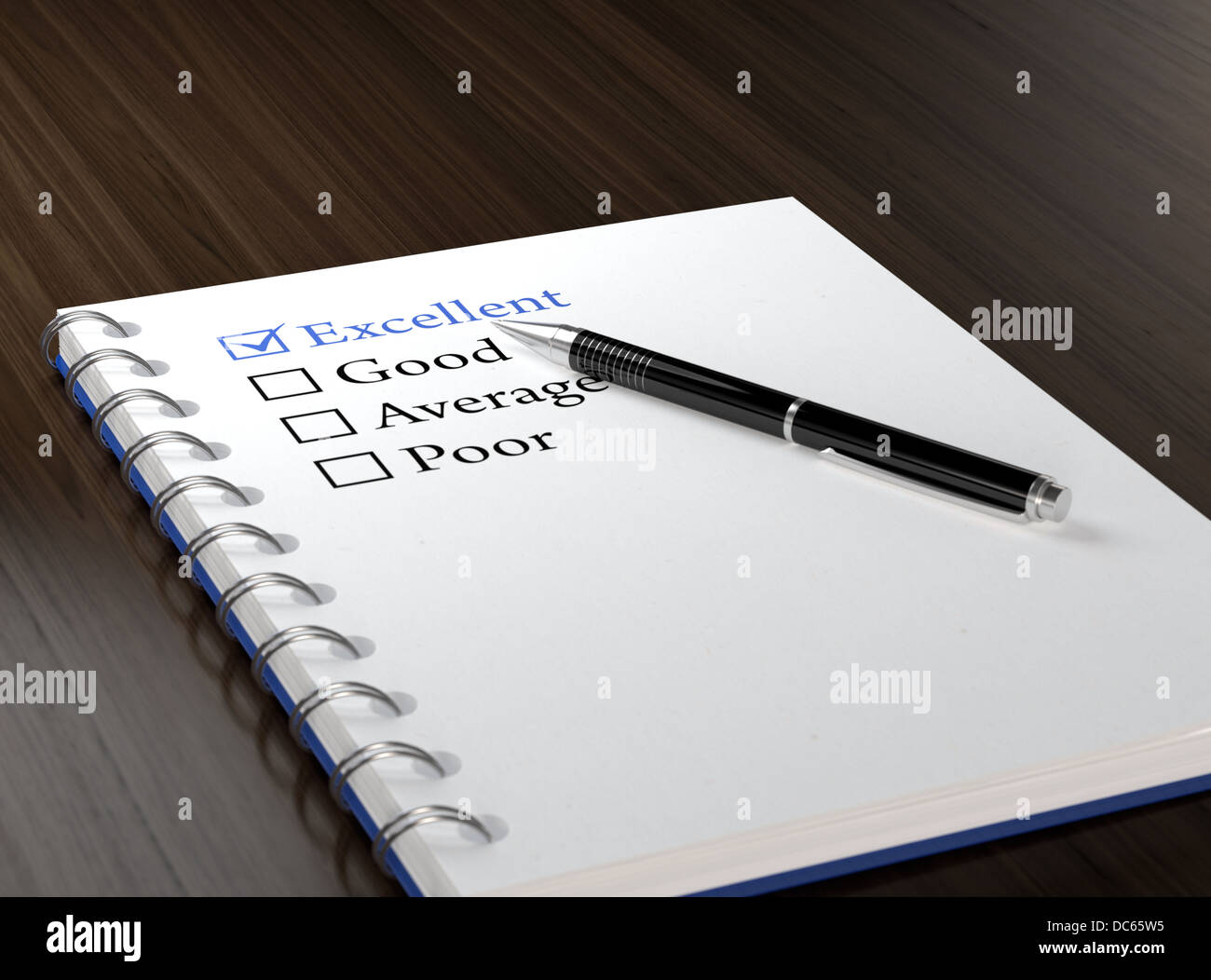Computer generated image of notebook with quality checklist on desk ...