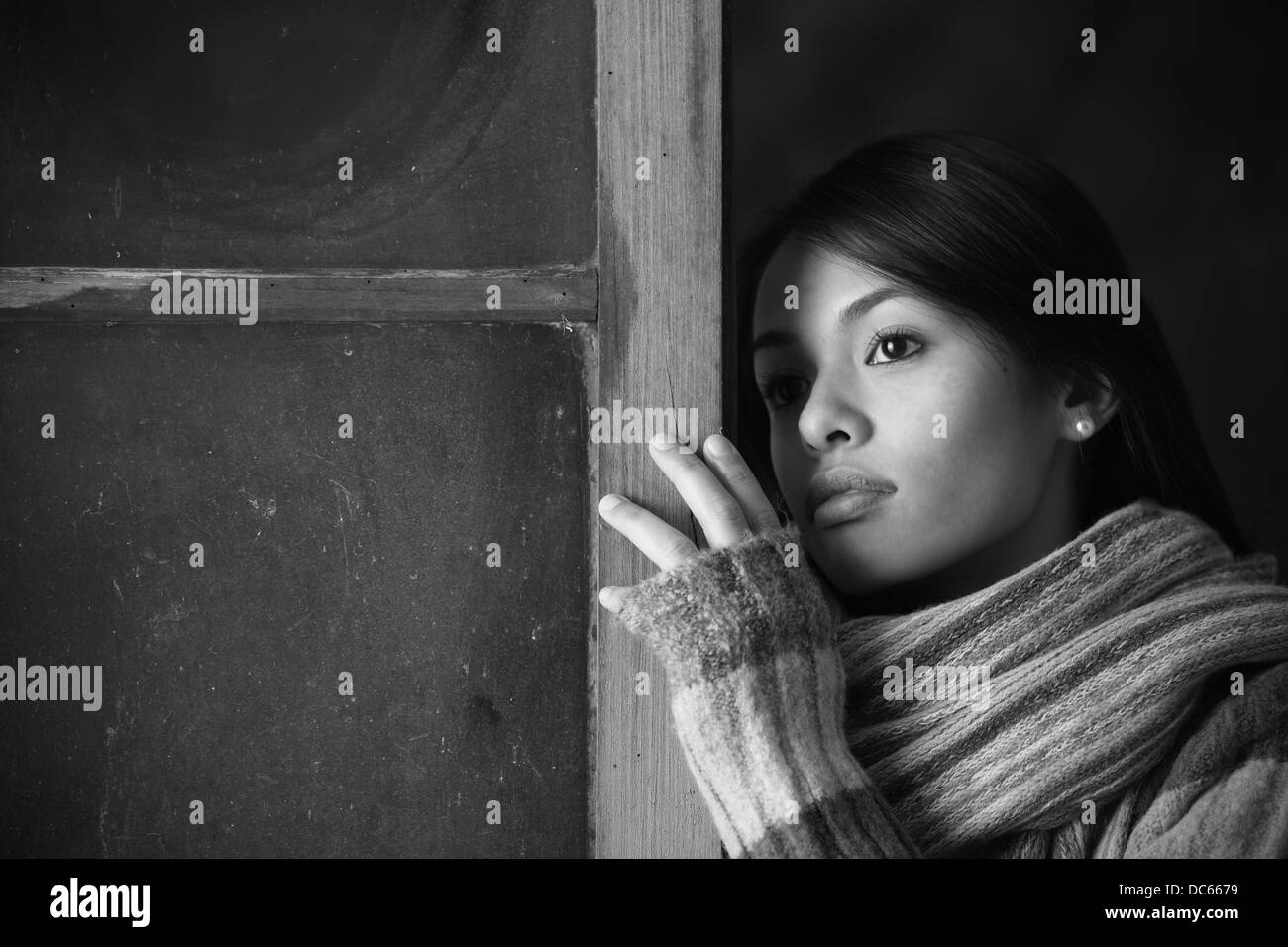 Portrait of a beautiful woman at window Stock Photo - Alamy