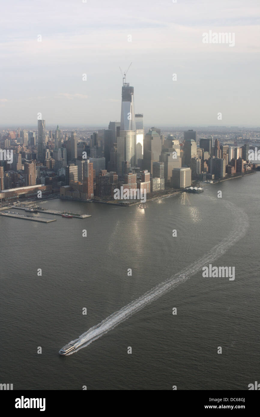 Aerial view of New York's Skyline and freedom tower under construction ...