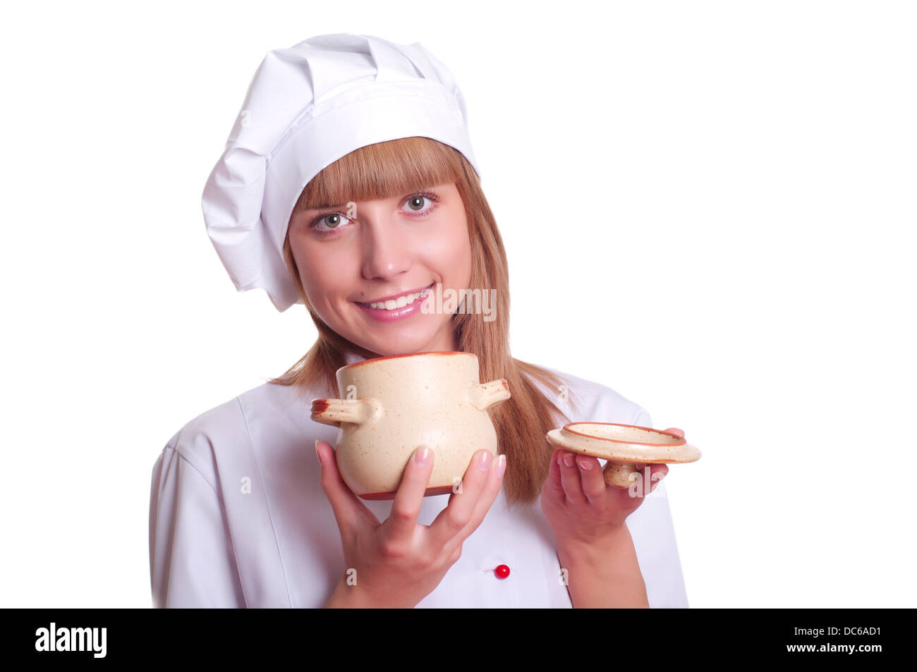 Attractive cook woman a over white background Stock Photo - Alamy