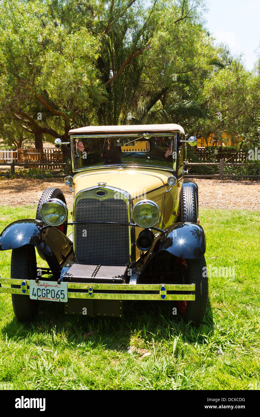 Front view of a beautifully restored Model A Ford roadster in an ...