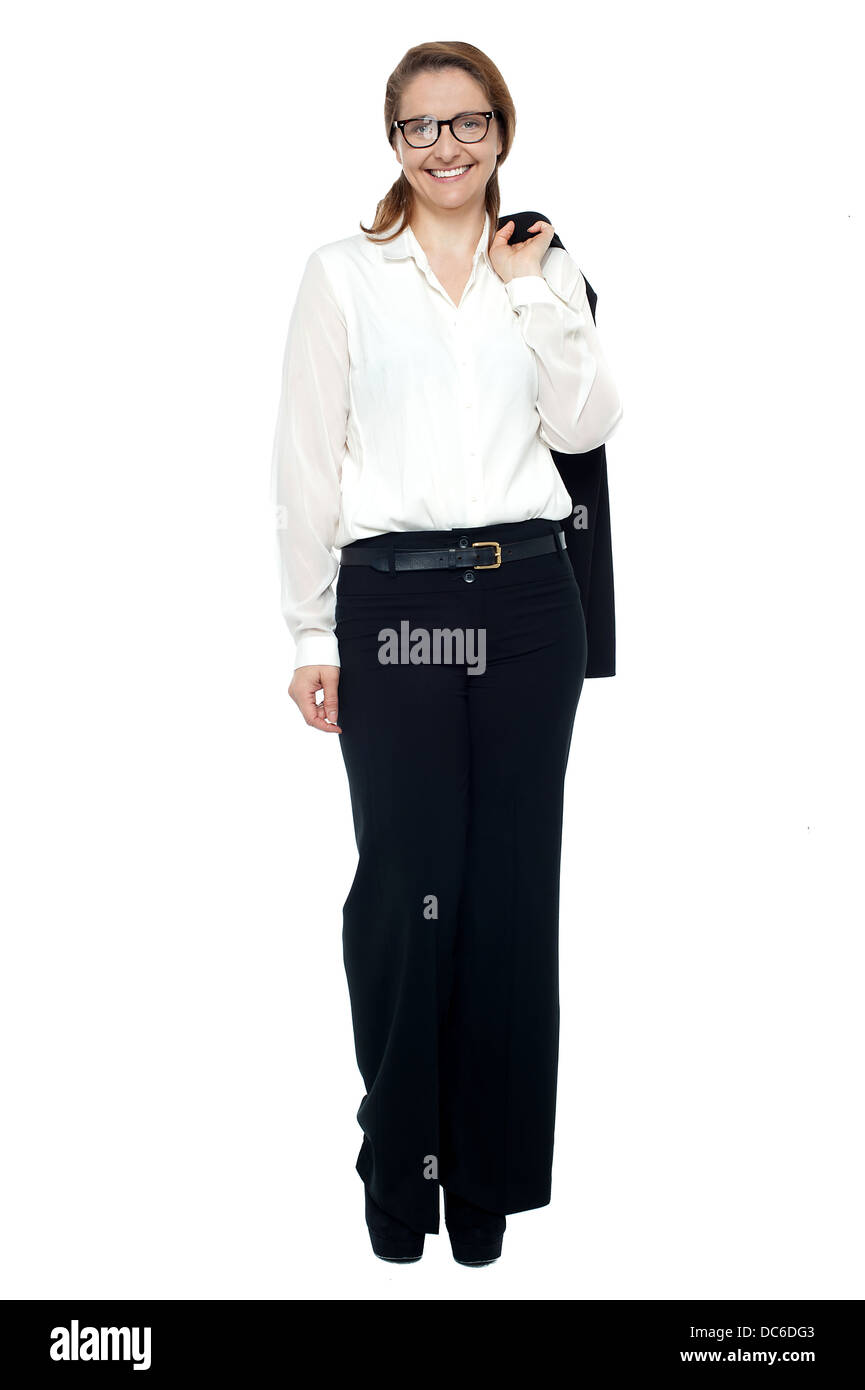 Business lady with coat slung over her shoulder Stock Photo - Alamy