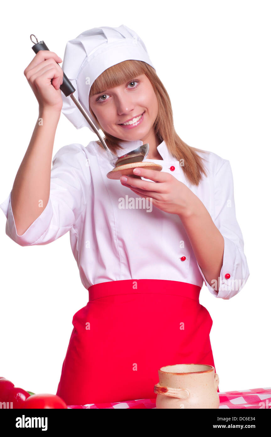 Attractive cook woman a over white background Stock Photo - Alamy