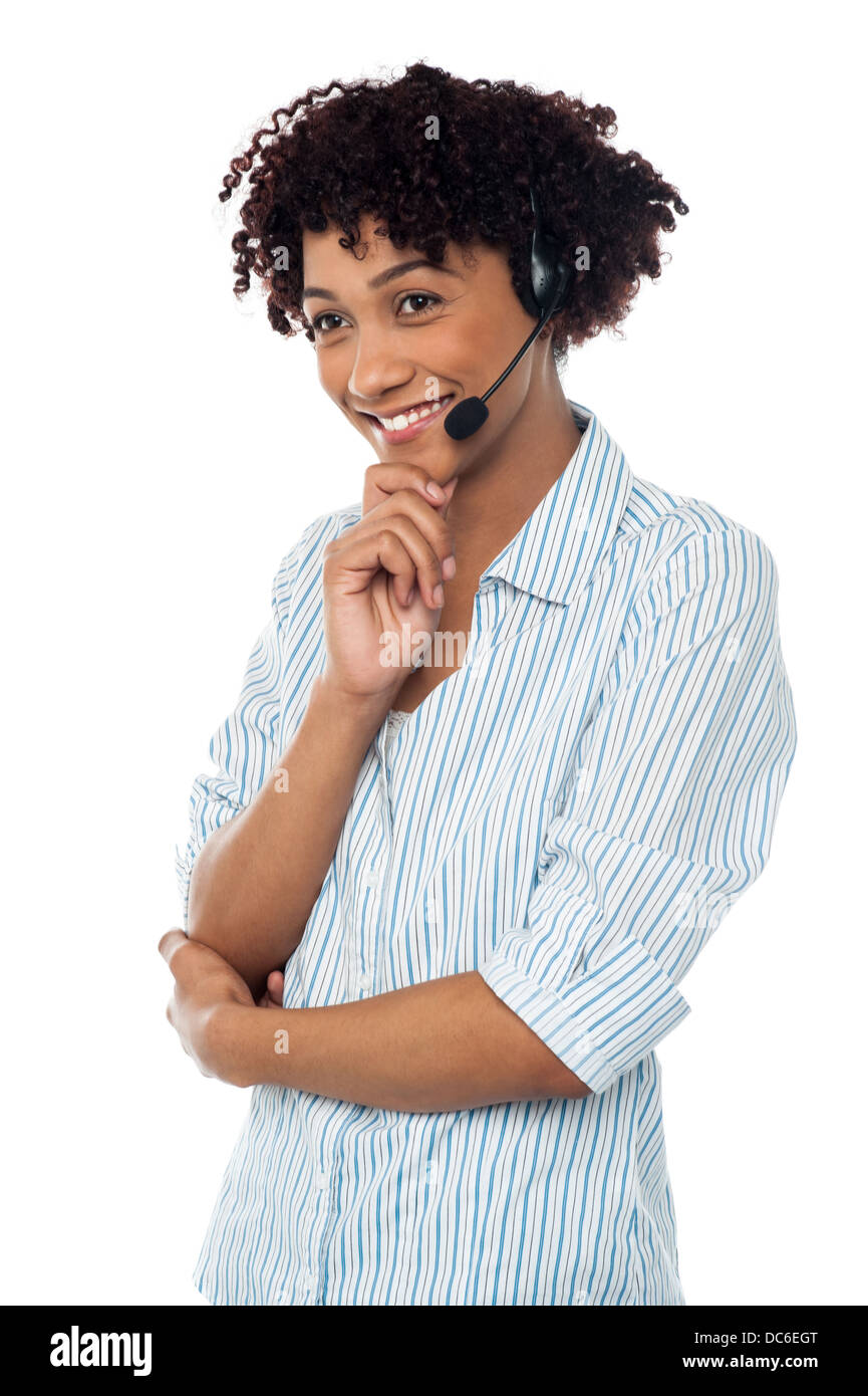 Shy customer support executive looking away Stock Photo - Alamy