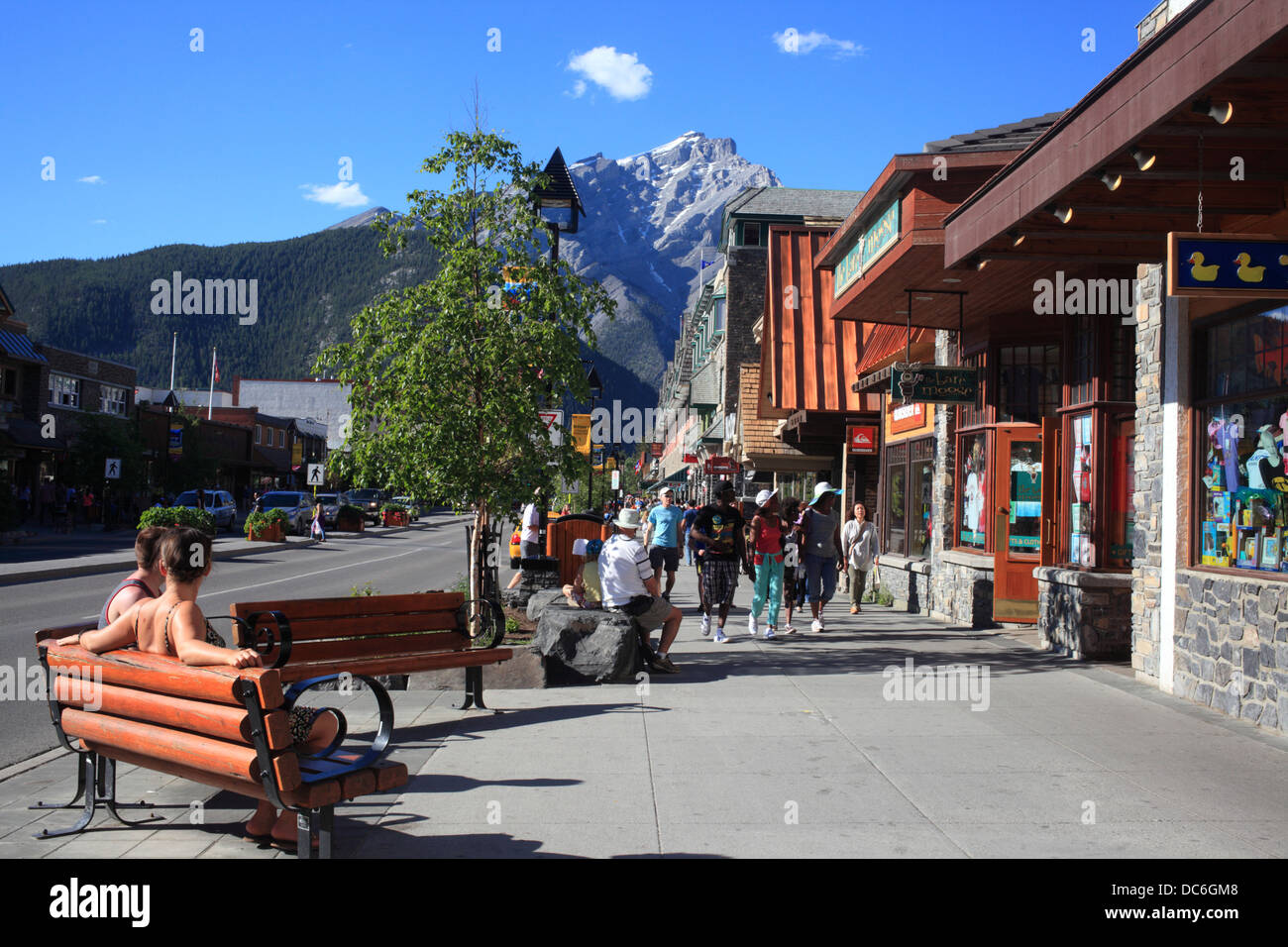 Sunny main street in Banff Village in Banff National Park in Alberta ...