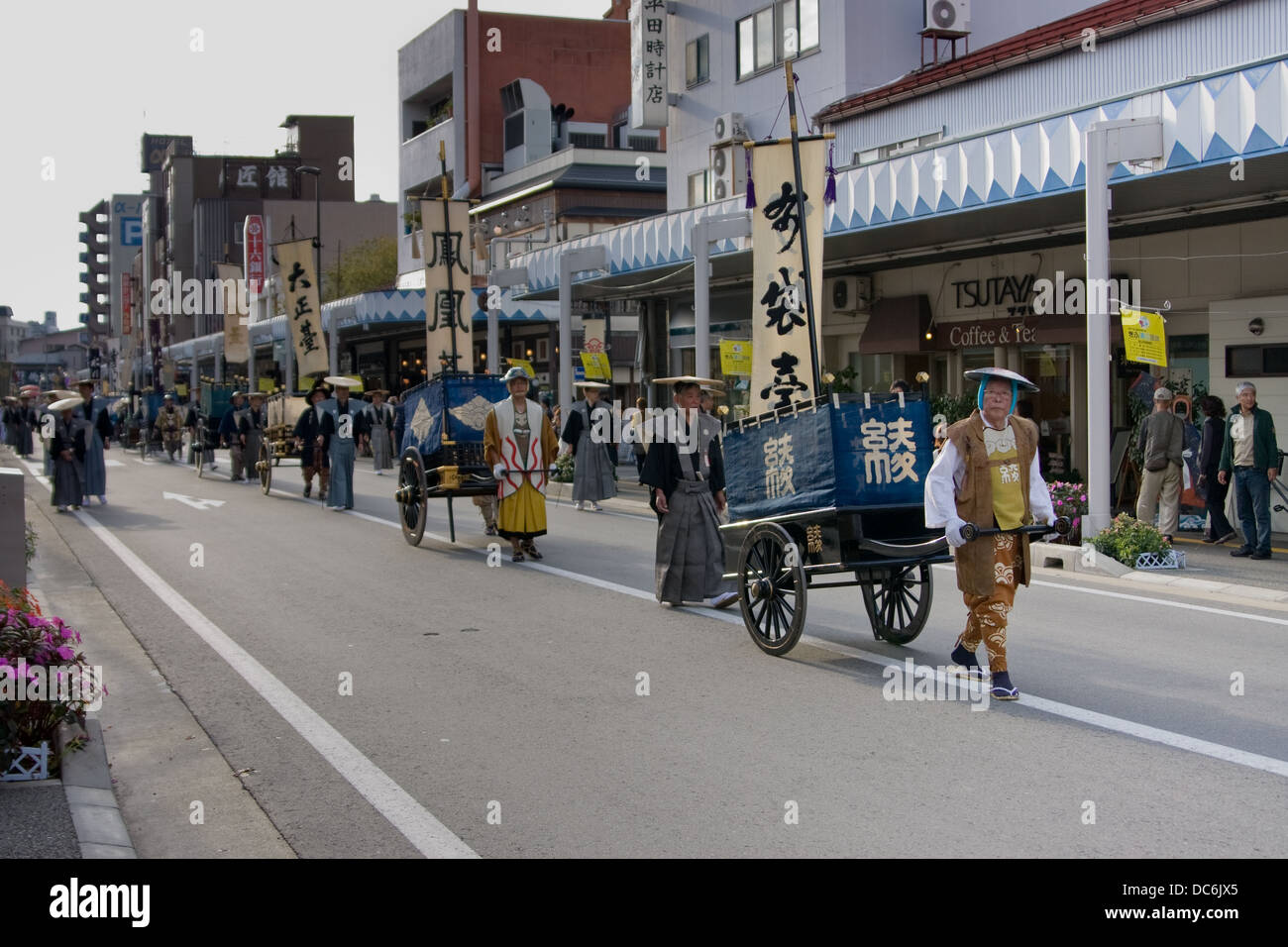 The Hachiman (Autumn) Festival procession in the streets of Takayama ...