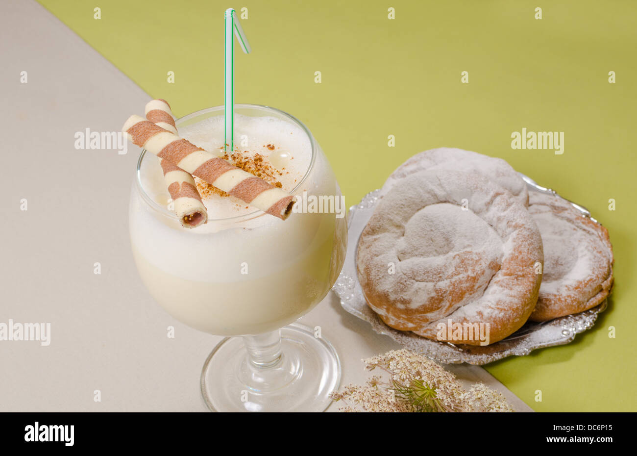 Ensaimadas and and aromatic milkshake, leche preparada, a Spanish ...