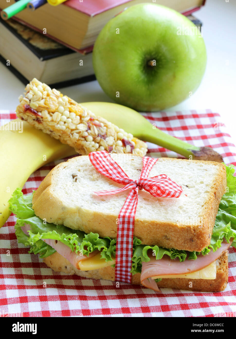sandwich with ham, apple, banana and granola bar - healthy eating ...