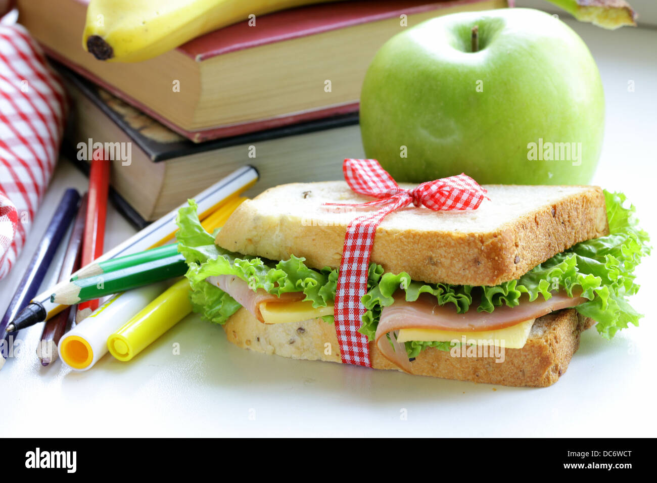 sandwich with ham, apple, banana and granola bar - healthy eating ...