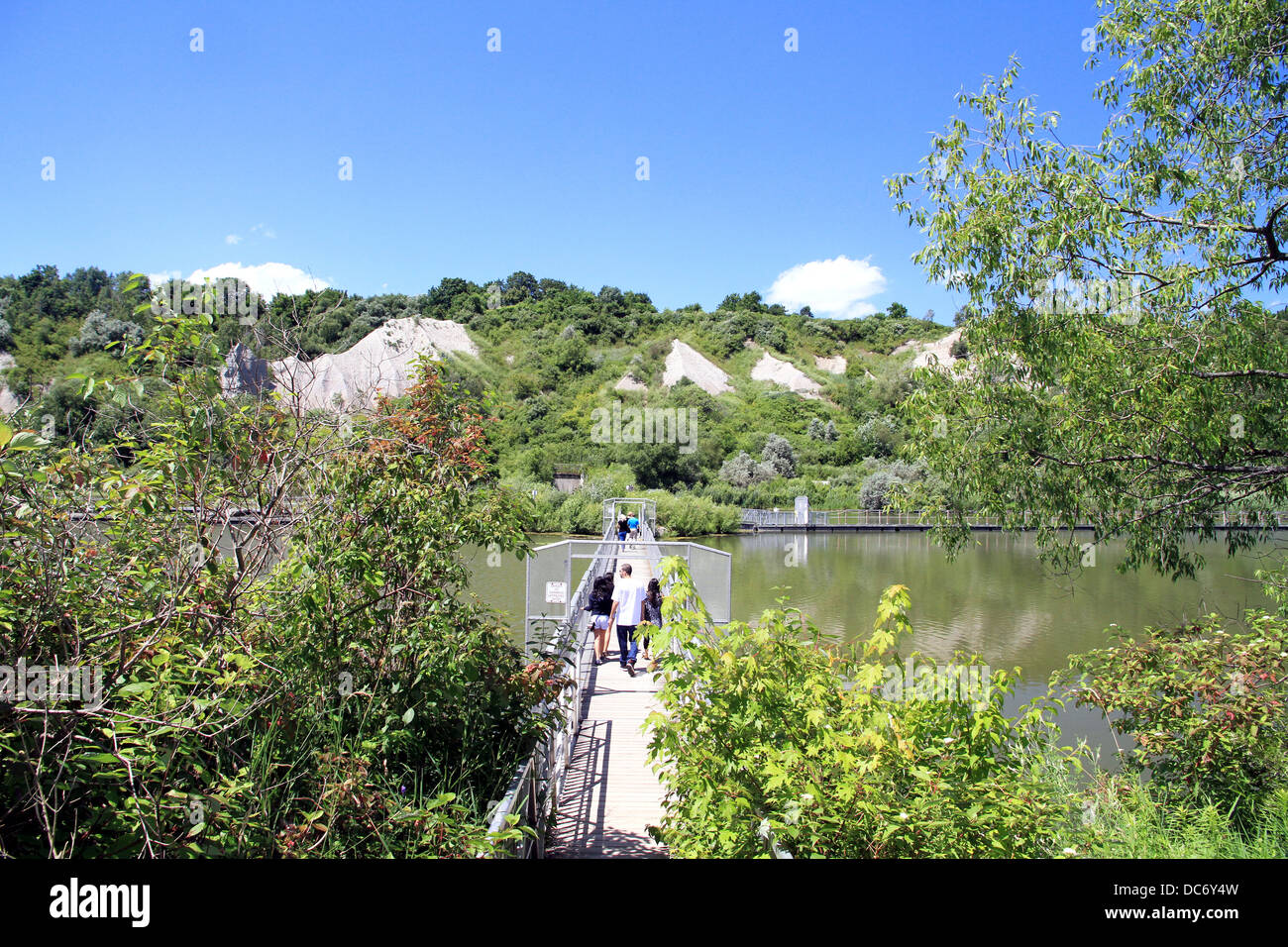 People walking on a pedestrian bridge in a park in Toronto, Canada ...