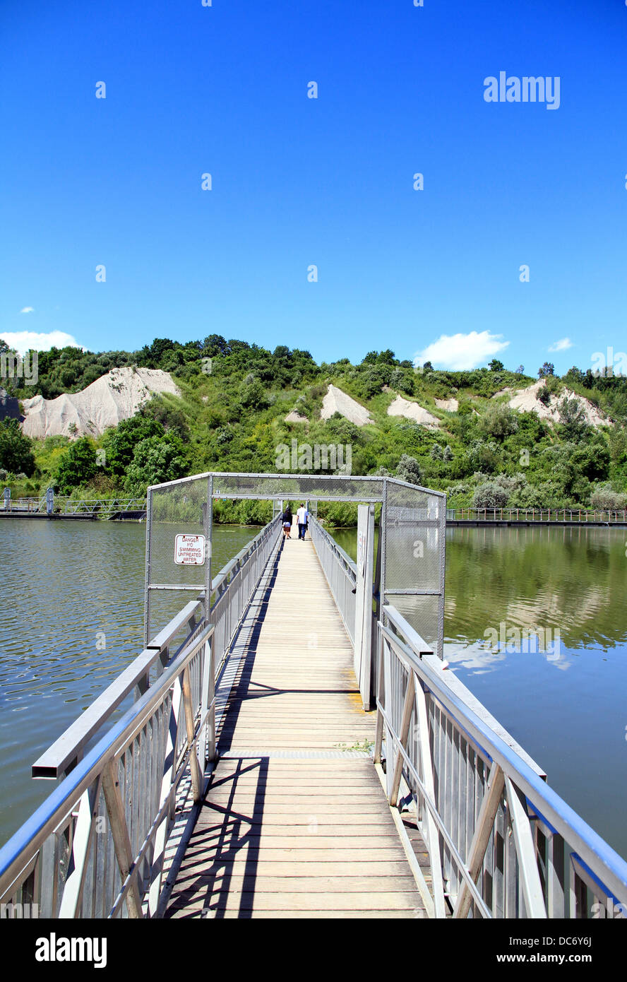 Two people walking on a pedestrian bridge in a park in Toronto, Canada ...