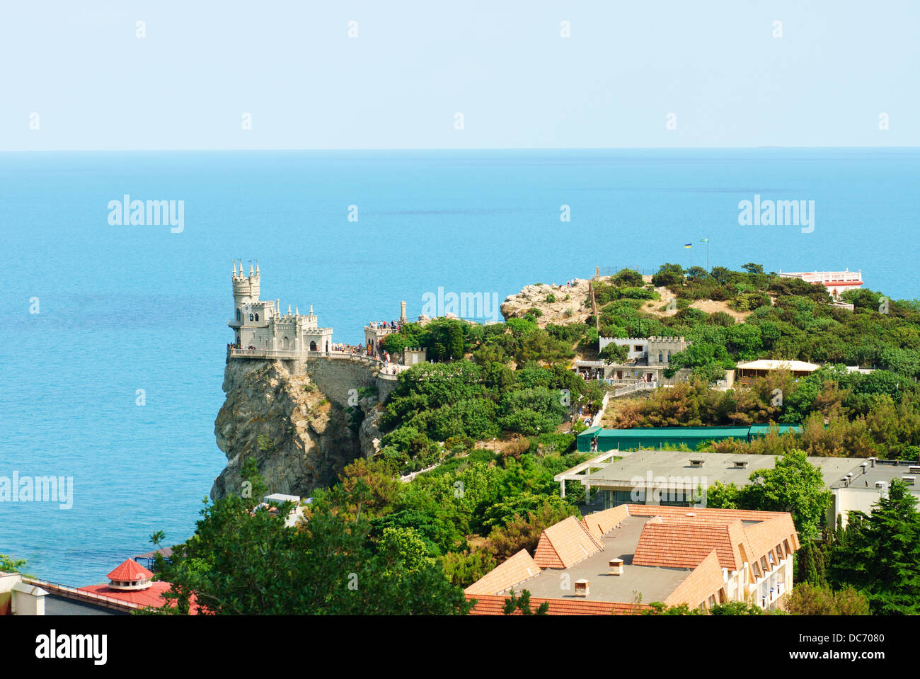 Swallow's Nest Castle tower, Crimea, Ukraine, with blue sky and sea on ...