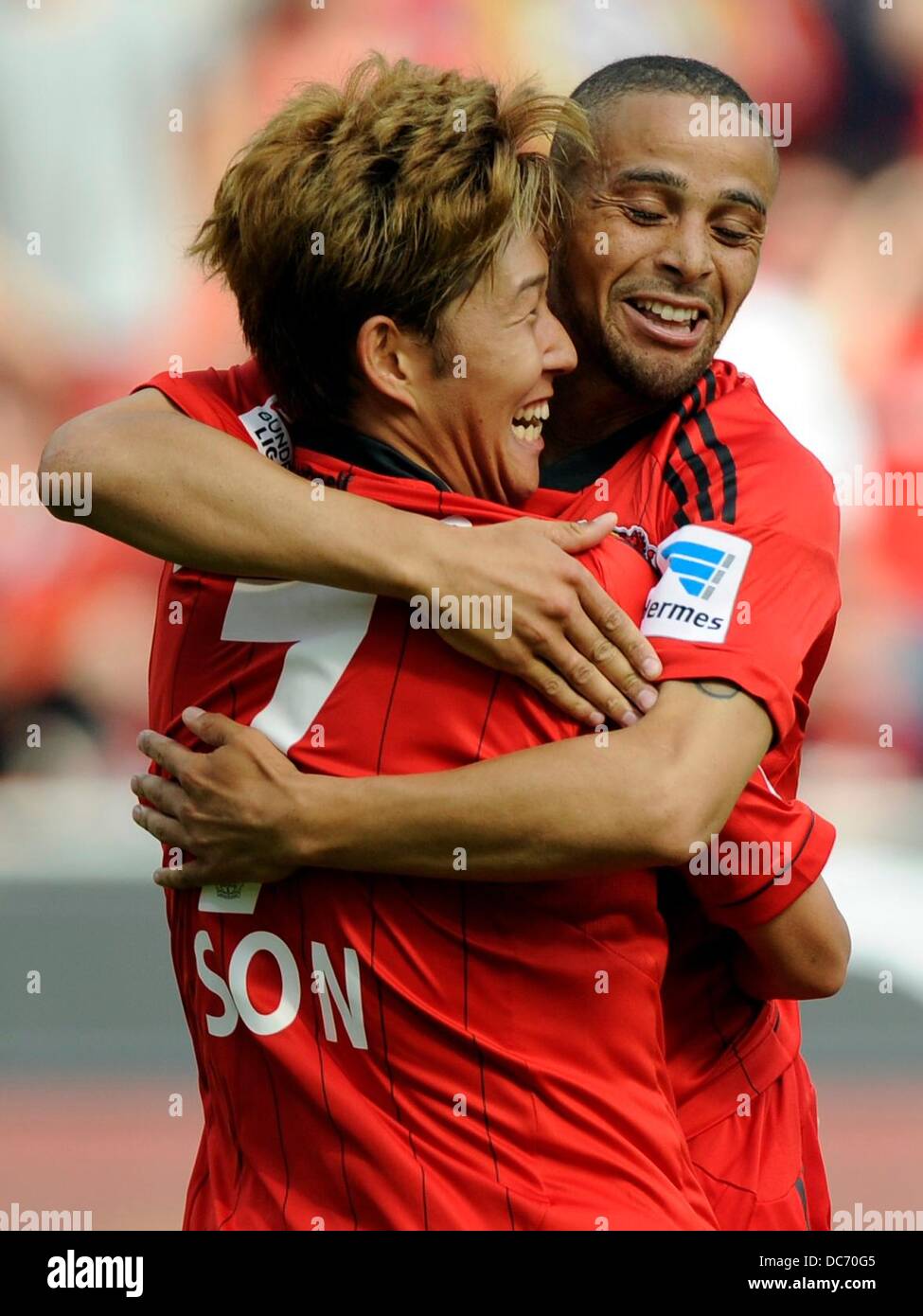 Leverkusen, Germany. 10th Aug, 2013. Leverkusen's Sidney Sam celebrates ...