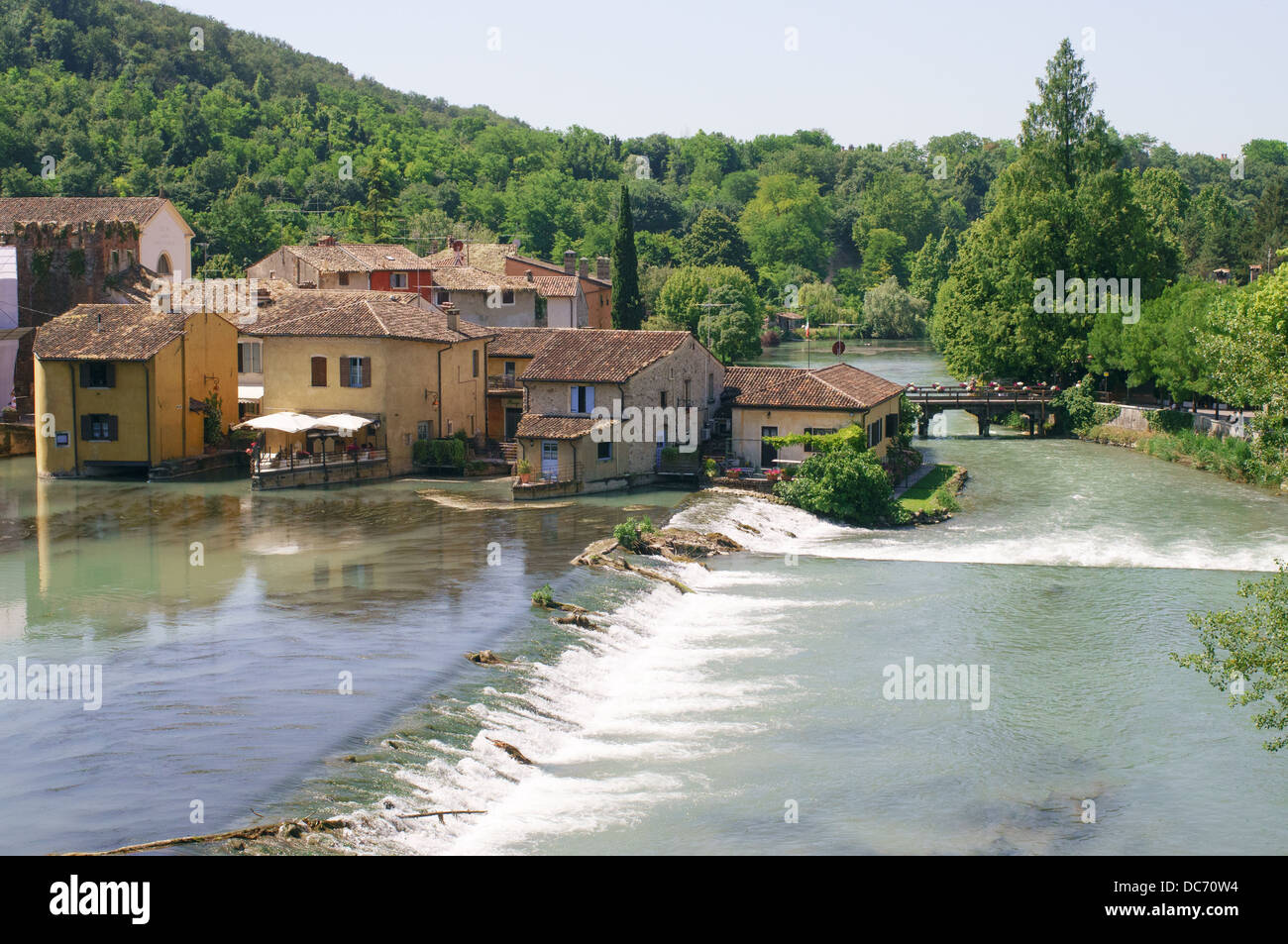 Italian medieval village of Borghetto on the river Mincio in the ...
