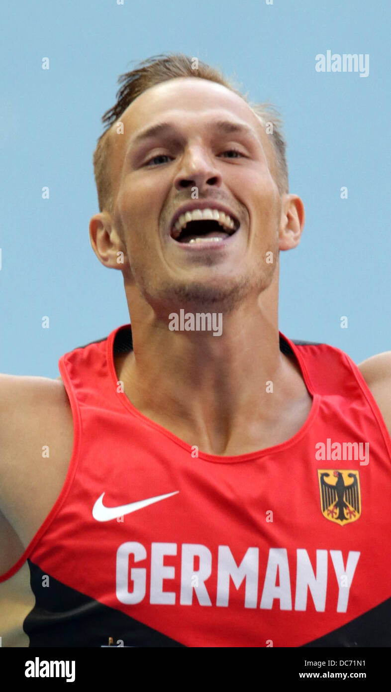 Moscow, Russia. 10th Aug, 2013. Michael Schrader of Germany celebrates ...