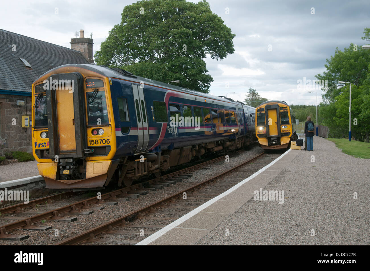 Two railway trains at Forsinard, Strath Halladale, Sutherland, Scotland ...
