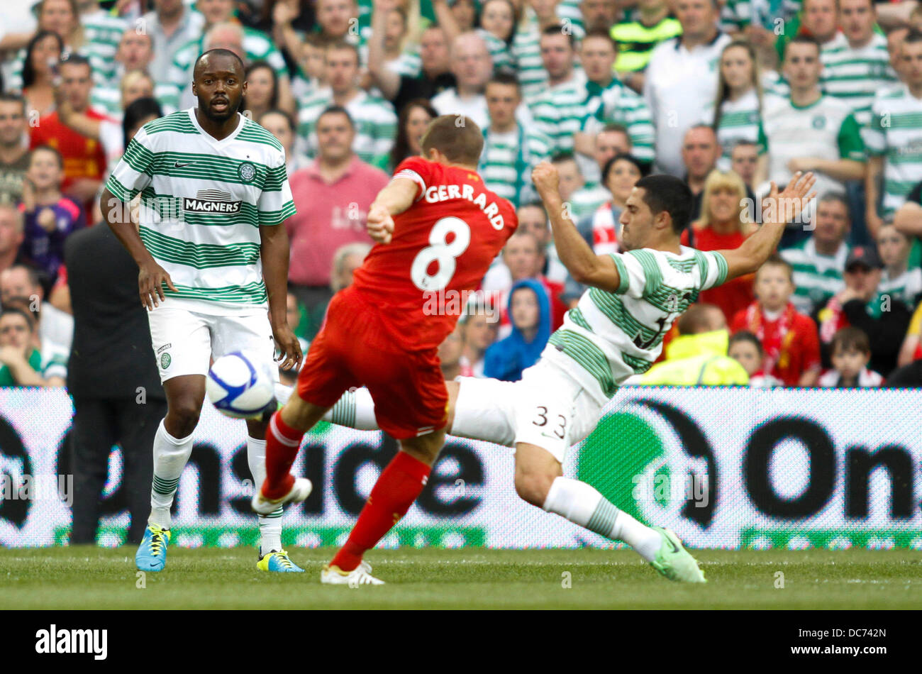 Dublin, Ireland. 10th Aug, 2013. Steven Gerrard's shot is blocked by ...